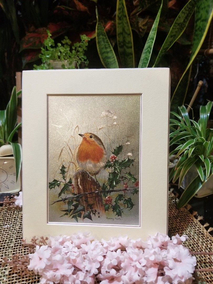 Uk Vintage Audrey North Silver Foil Art Print Bird Card board Stand ...