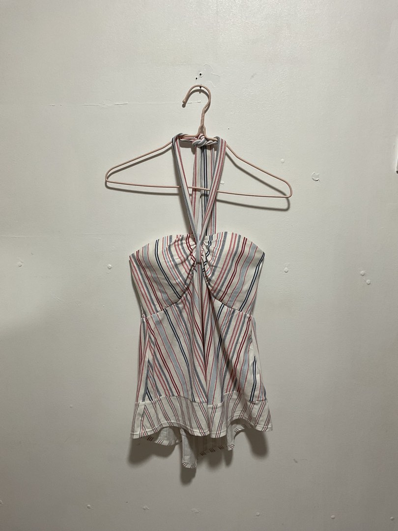 Y2k stripe halter tube peplum top, Women's Fashion, Tops, Sleeveless on ...
