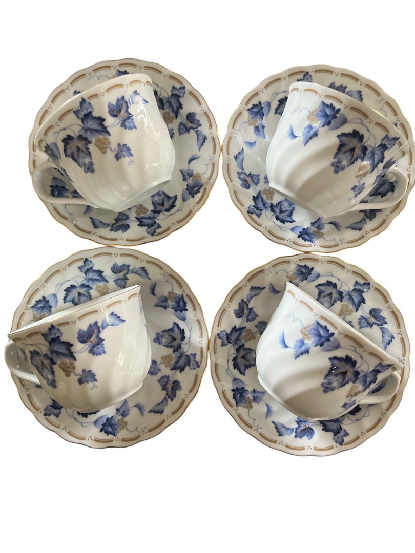4 Nikko blue and gold Patra cup and saucer duos, Furniture & Home ...