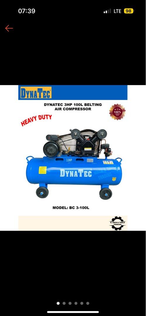 Air Compressor Dynatec 3hp 100L Belting, Auto Accessories on Carousell