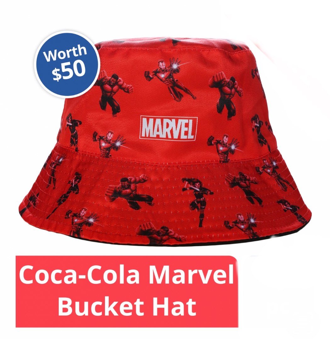 Coca Cola coke marvel reversible bucket hat + one free plastic cup ...