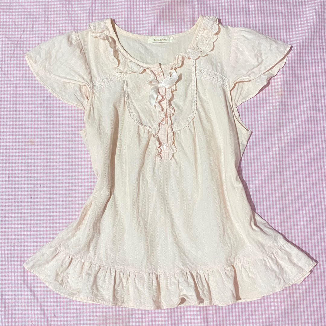 Coquette Pastel Pink Ribbon Milkmaid Blouse Liz liza inspired, Women's ...