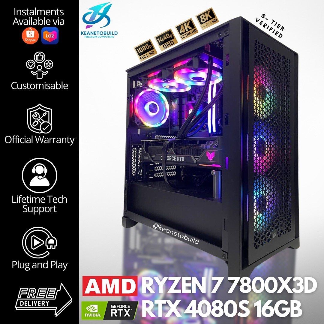 Custom Gaming PC Desktop Computer - Ryzen 7 7800X3D + RTX 4080 Super 4080S 16GB, Computers ...