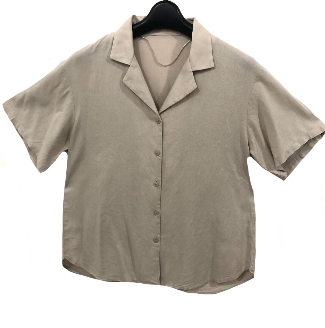 GU by Uniqlo Linen Rayon Blend Open Collar Womens Polo, Women's Fashion ...