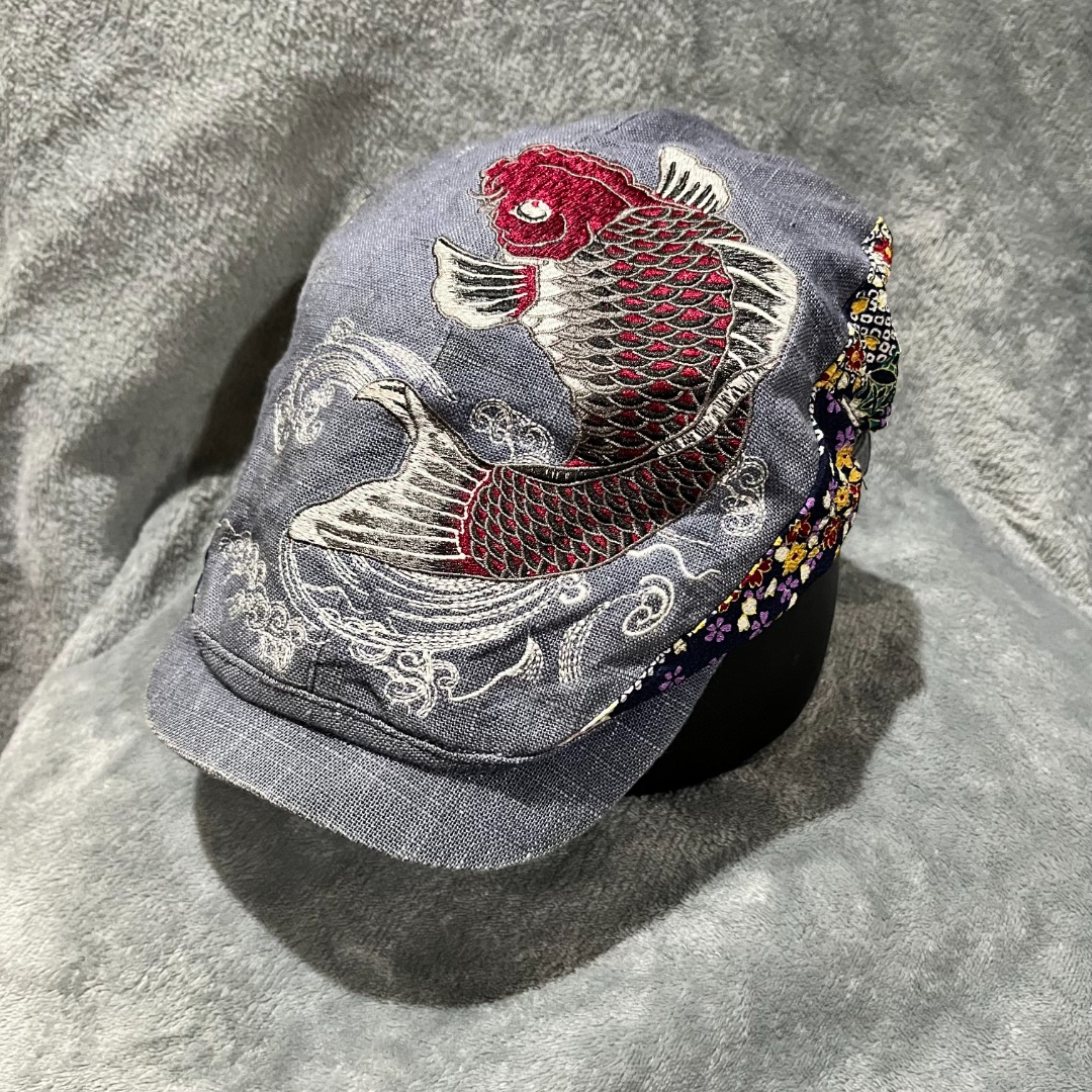 Ripple Japanese Flat Cap Traditional Pattern Emrbroidered Red Carp ...