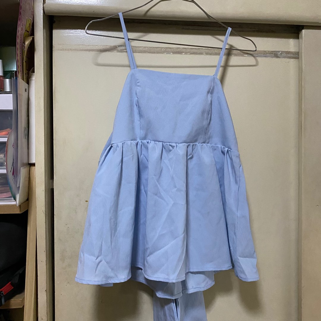 Spaghetti Strap Ribbon Bow Baby Blue top, Women's Fashion, Tops ...