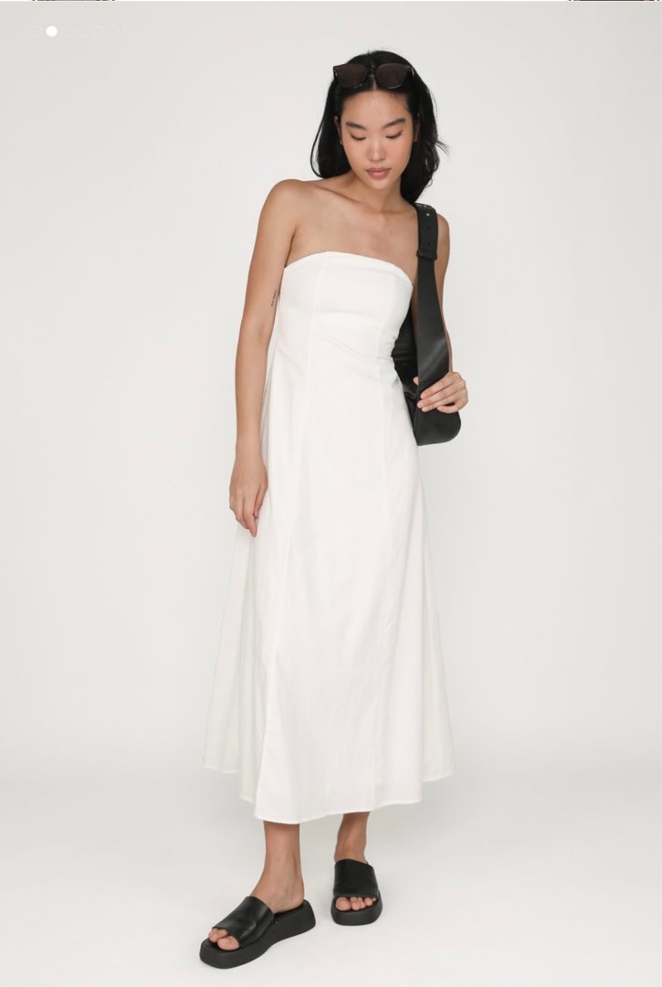 TTR White Linen Tube Padded Maxi Dress, Women's Fashion, Dresses & Sets ...