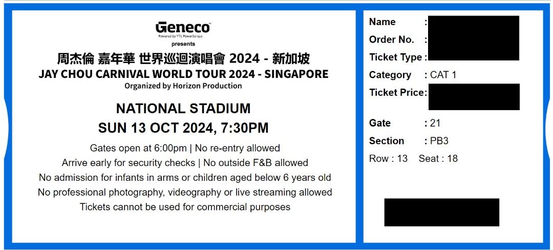 1x CAT 1 ticket, 13 Oct 2024 (Sunday) - Jay Chou Carnival SG World Tour ...