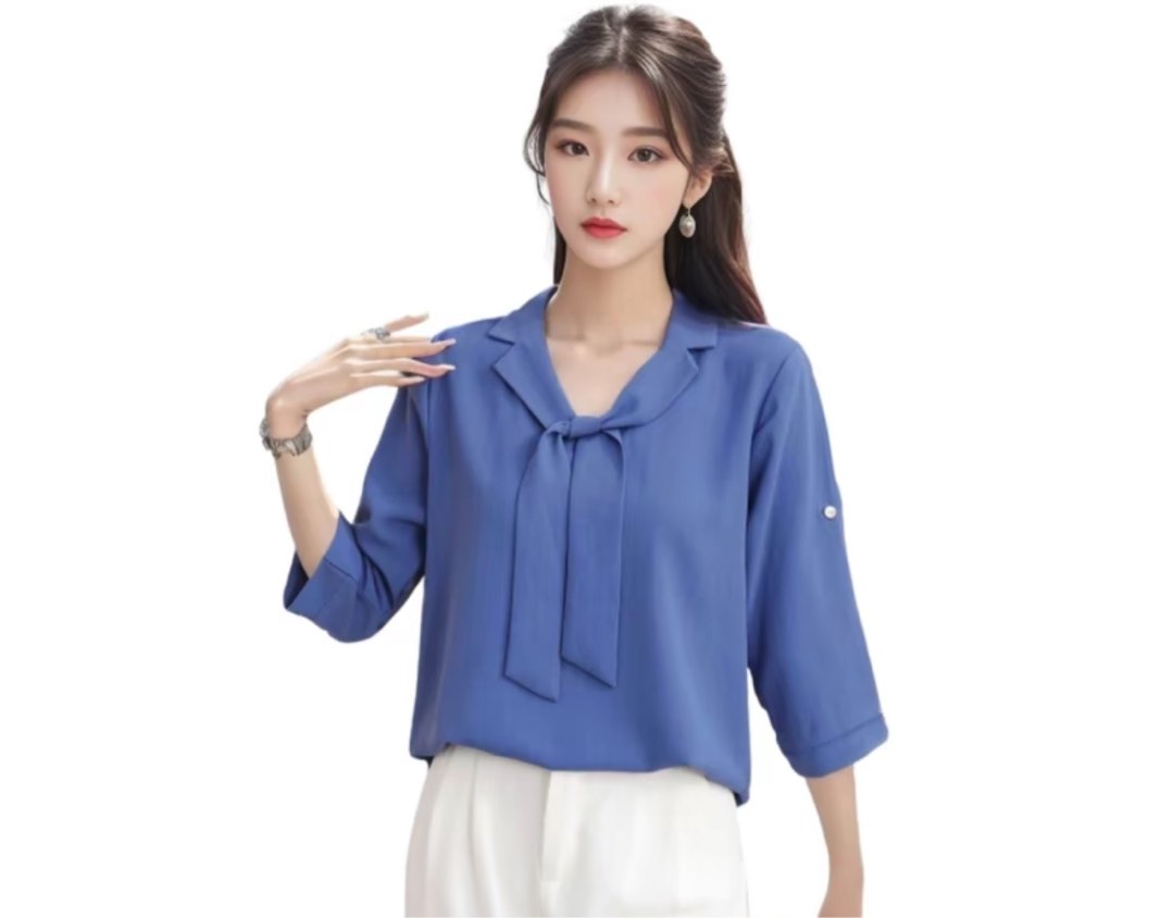 Blue Formal Office Wear Attire 3/4 Blouse Fromt Bow Ribbon Too, Women's ...