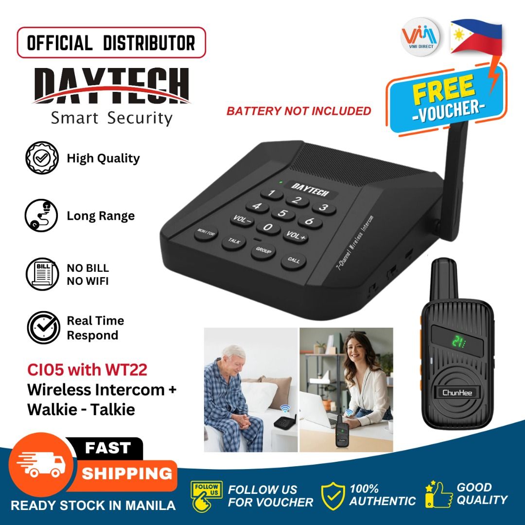 Daytech CI05 + WT22 Rechargeable Wireless Intercoms 21 Channel Walkie-Talkie Battery Powered ...