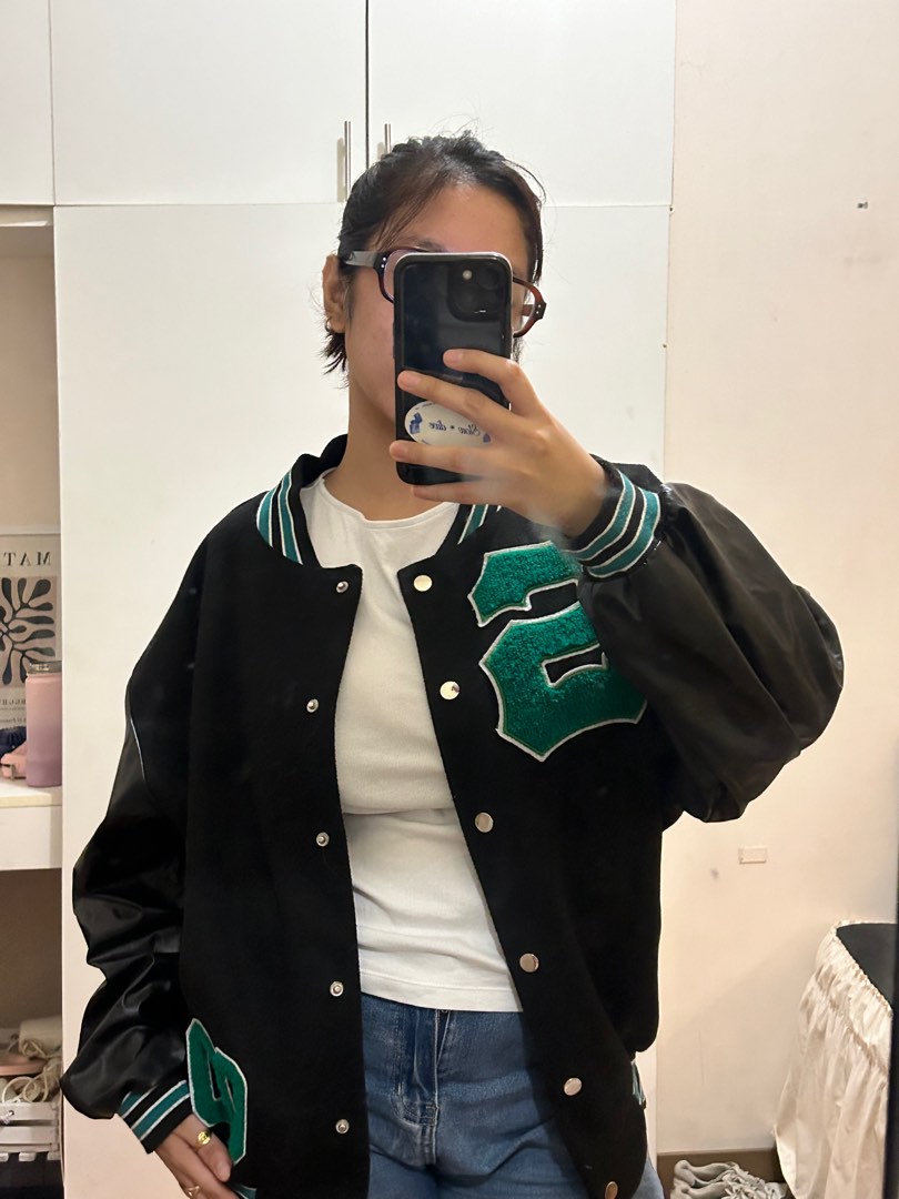 hq black & green varsity jacket leather, Women's Fashion, Coats ...