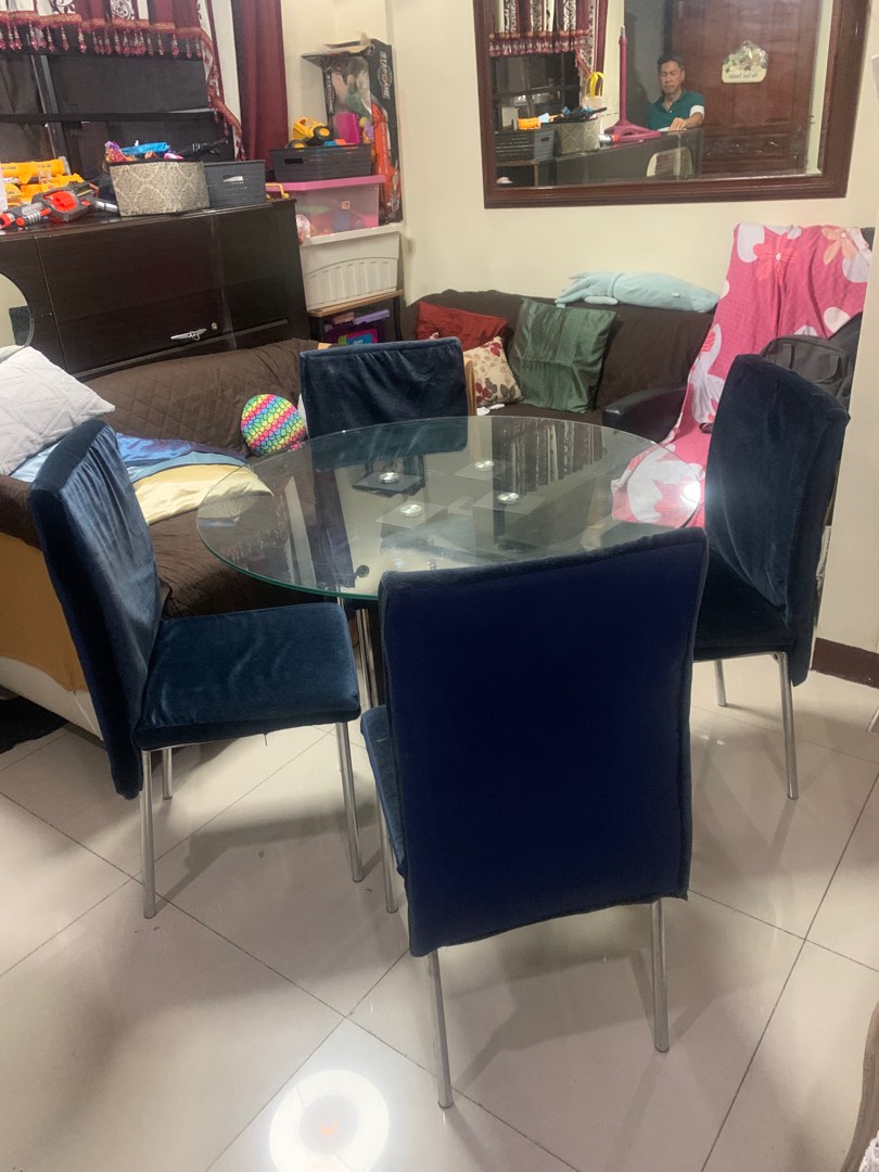 Round Glass Dining Table with 4 Blue Velvet Chairs, Furniture & Home ...