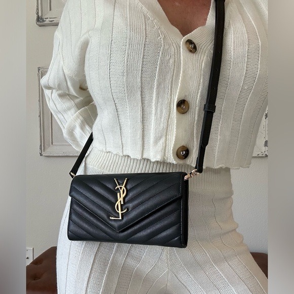 YSL Caviar Leather Flap Crossbody Purse Clutch WOC Black Gold, Luxury ...