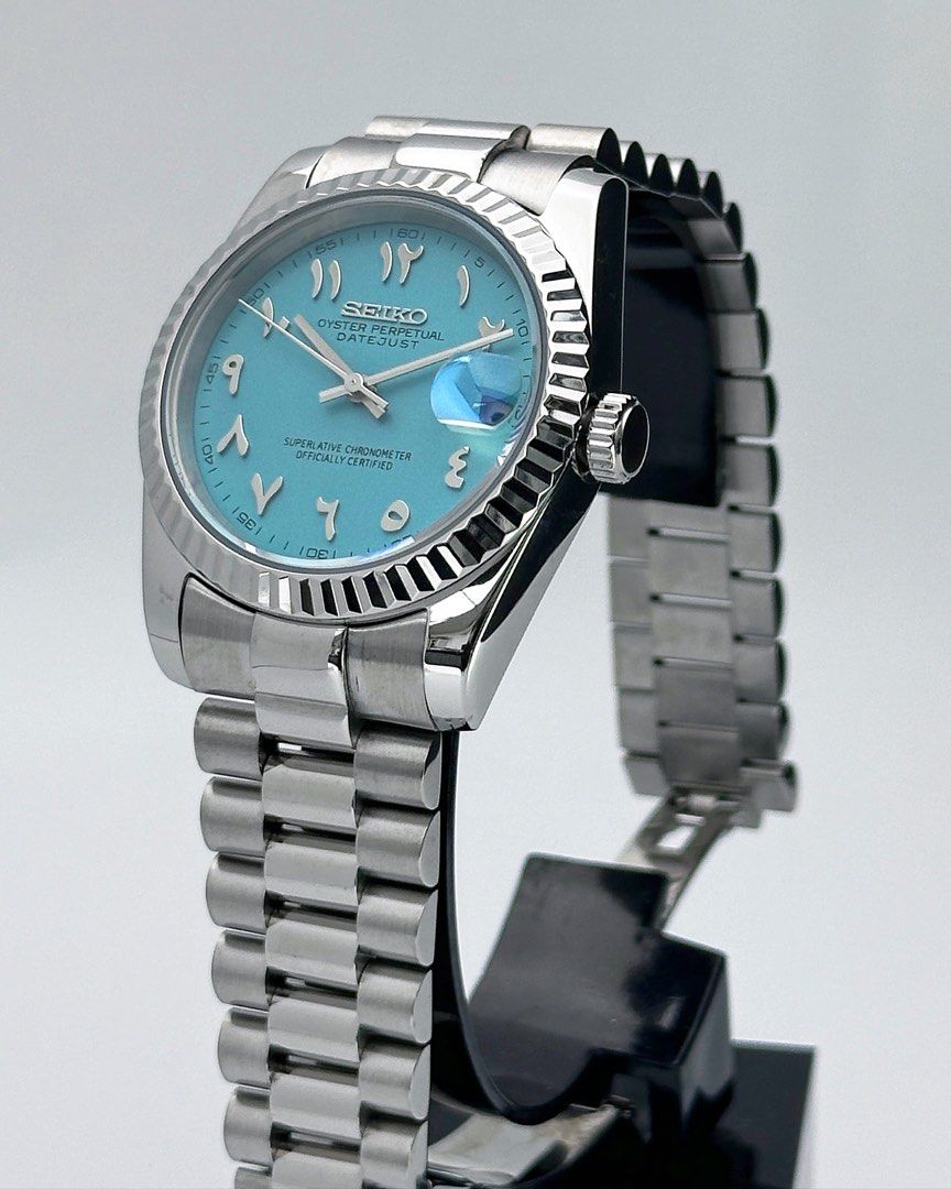 Custom Seiko Mod 36mm Tiffany Blue Arabic DateJust President Automatic ...