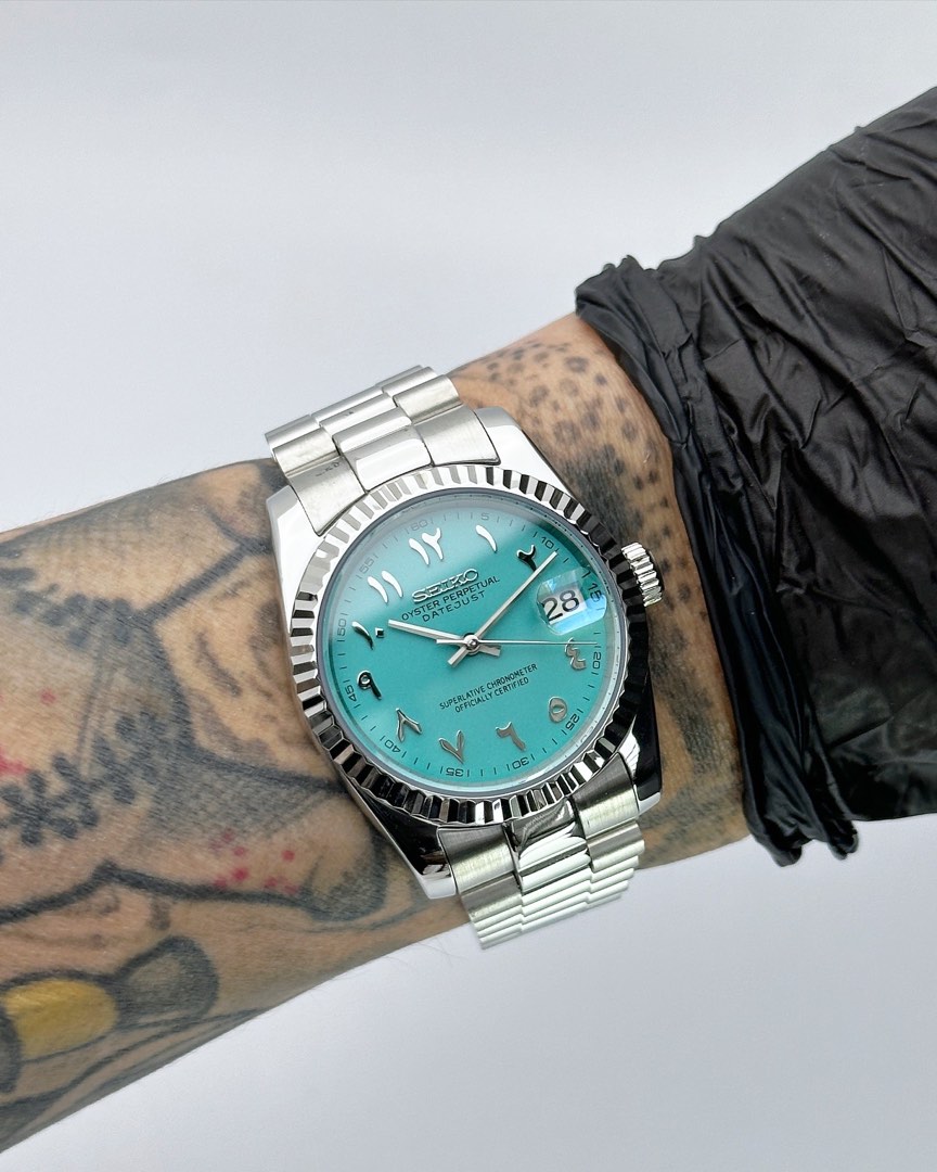 Custom Seiko Mod 36mm Tiffany Blue Arabic DateJust President Automatic ...