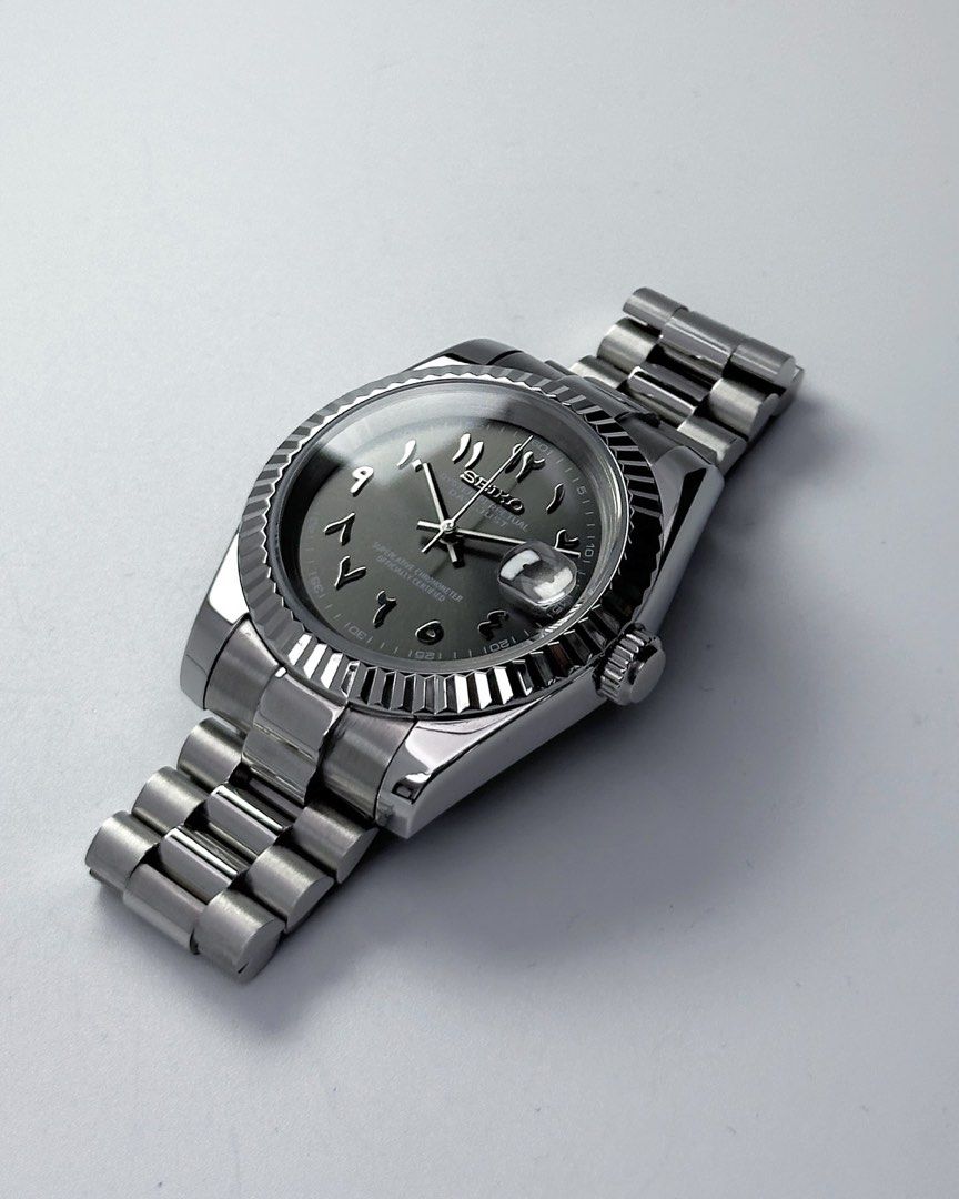 Custom Seiko Mod 39mm Rhodium Grey Arabic DateJust President Automatic ...