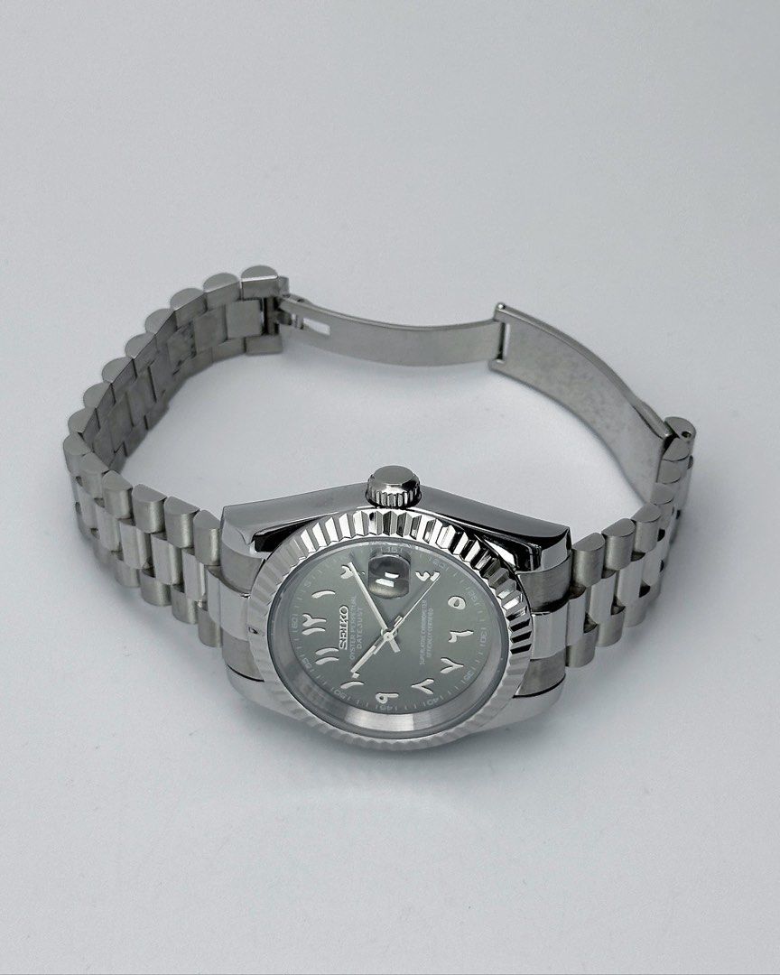 Custom Seiko Mod 39mm Rhodium Grey Arabic DateJust President Automatic ...