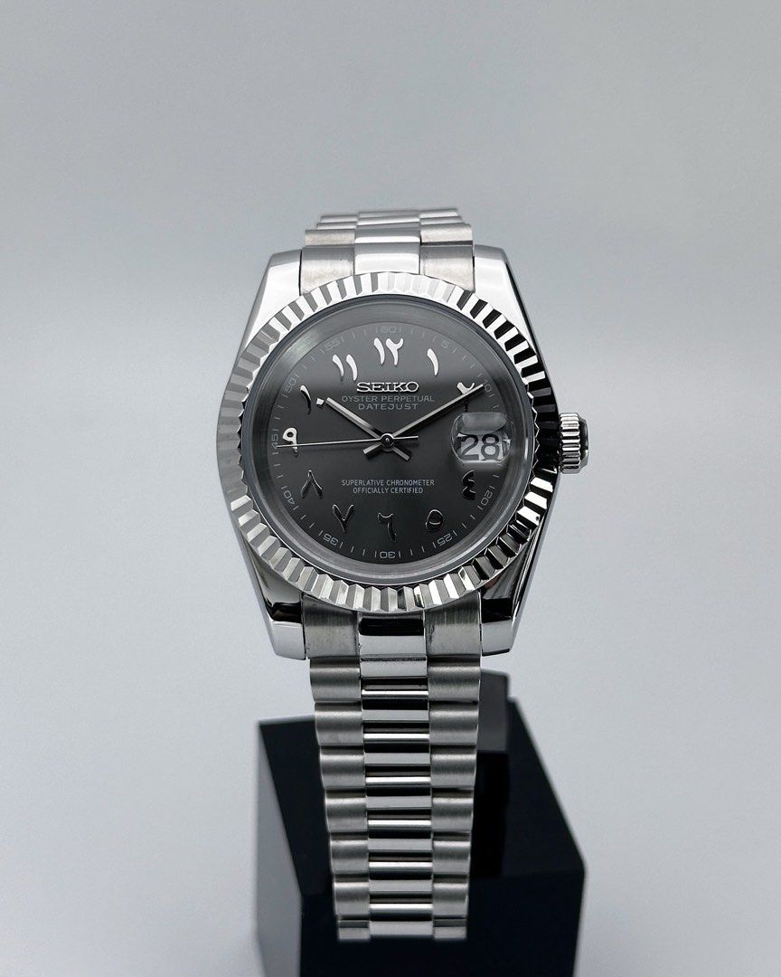 Custom Seiko Mod 39mm Rhodium Grey Arabic DateJust President Automatic ...