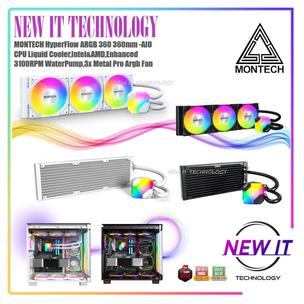 MONTECH HyperFlow ARGB 360 360mm -AIO CPU Liquid Cooler,Intel&AMD,Enhanced 3100RPM WaterPump,3x ...