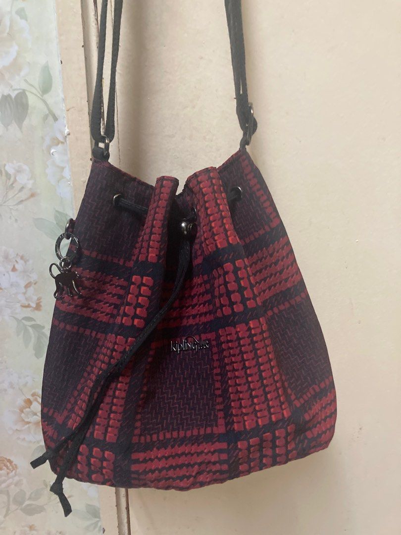 Rare Vintage KIPLING Shoulder bucket bag Check pattern Nylon R ed Black ...