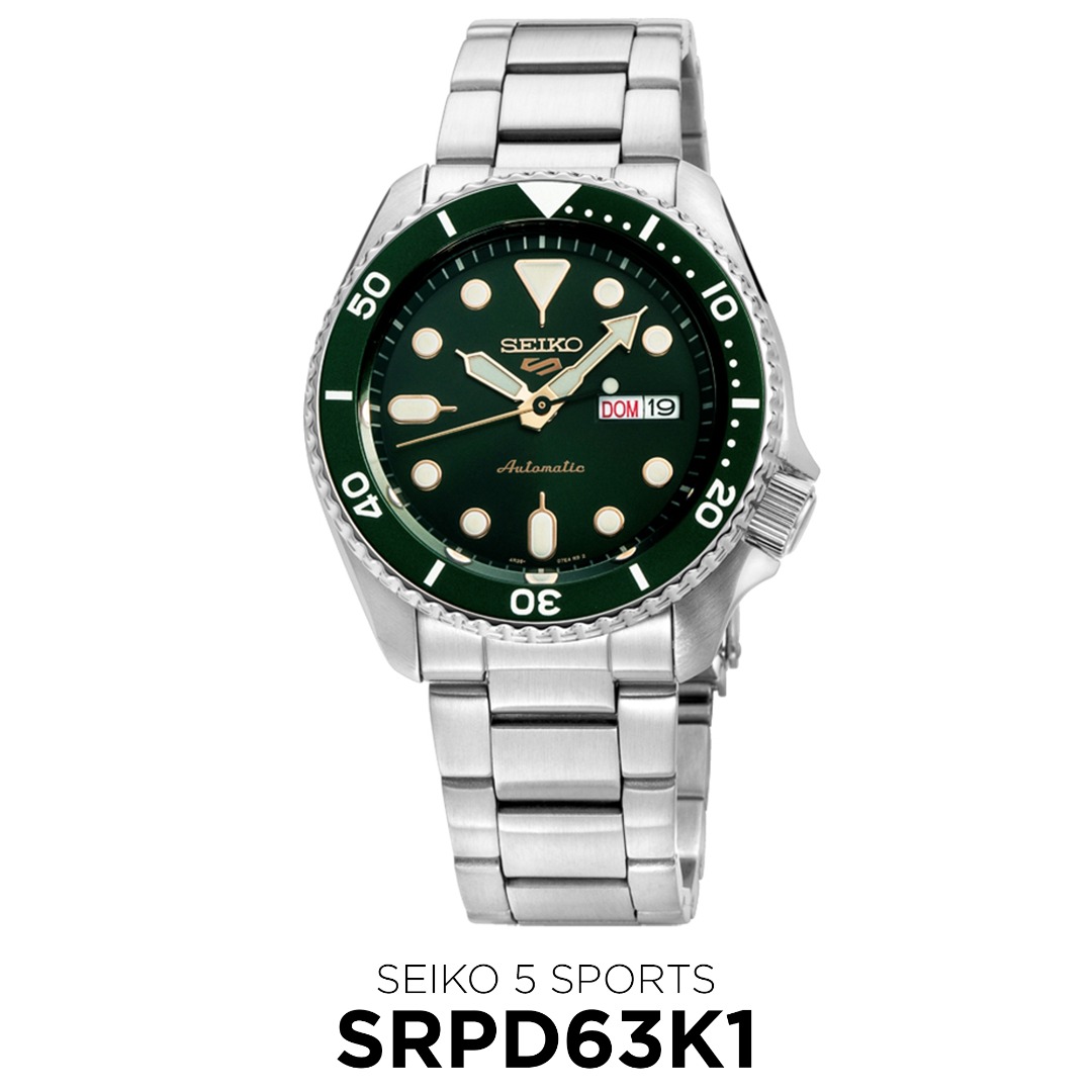 Seiko 5 Sports SRPD63 SRPD63K1 Green Dial Rose Gold Accents Stainless ...