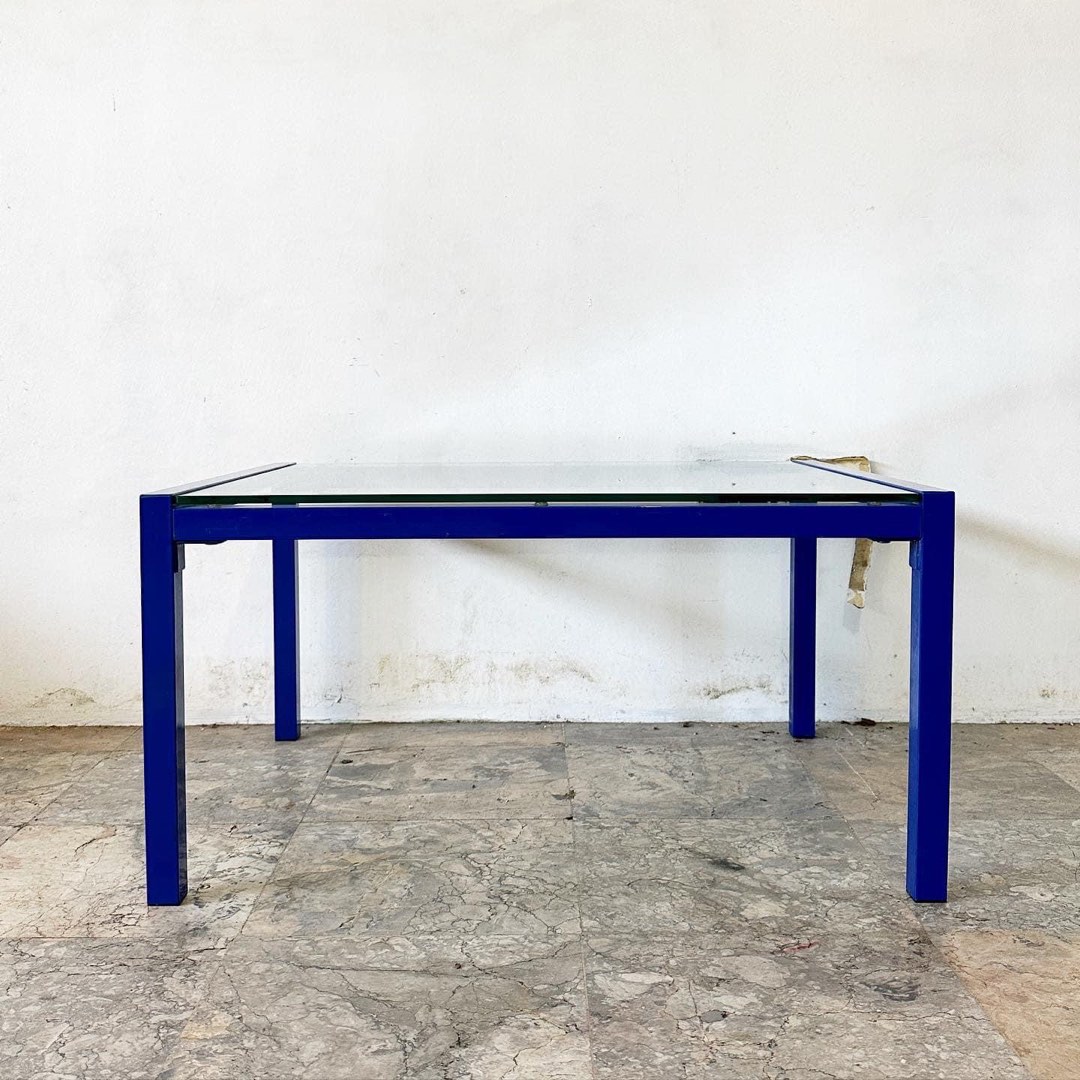 Tempered Glass Center Table with Deep Blue Metal Legs, Furniture & Home ...