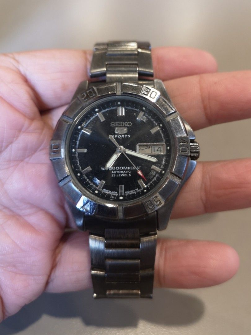 Vintage seiko 5 sports 100m automatic 23 jewels black dial day & date ...