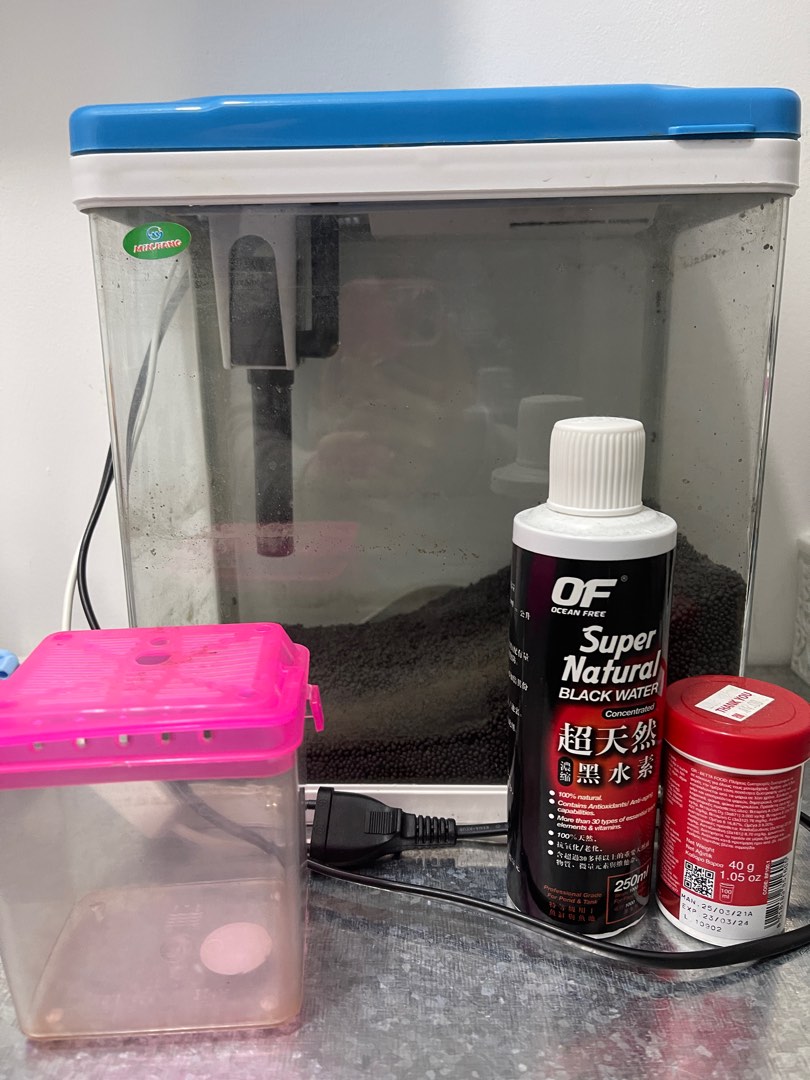 5L fish tank + beta fish food + black water + mini tank + substrate and ...