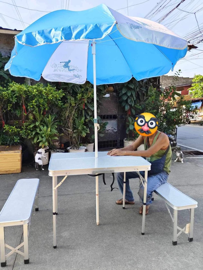 ALUMINUM FOLDABLE CAMPING TABLE/BENCH with UMBRELLA, Sports Equipment ...