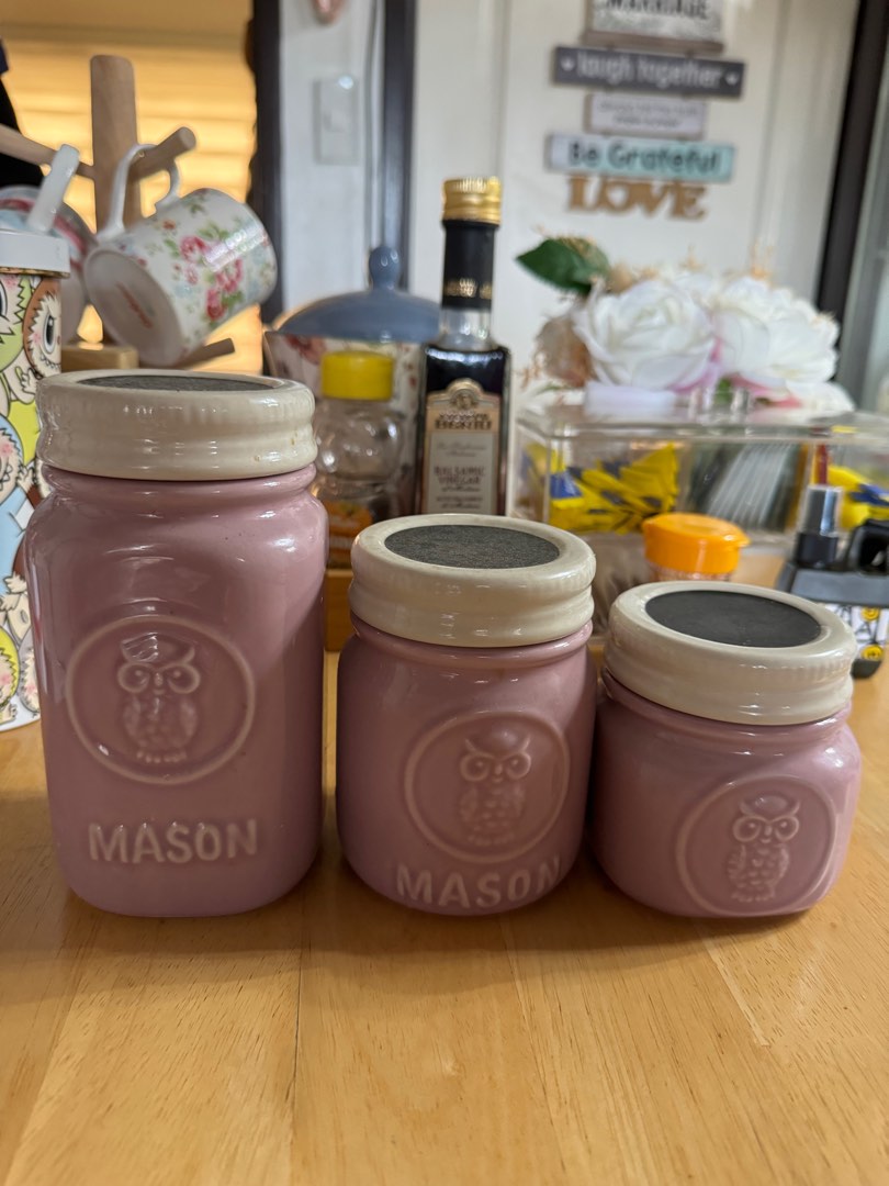 Set of canisters cute purple owl mason canister, Furniture & Home ...