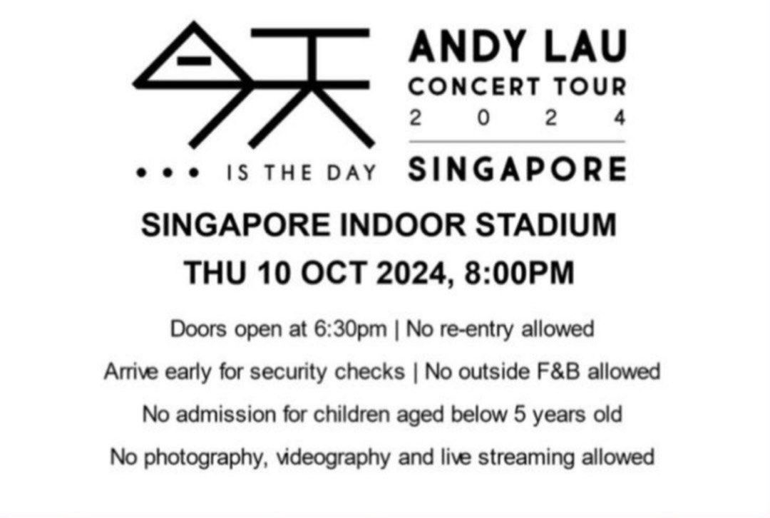 Andy Lau Concert Tour 2024 Singapore Cat 7 (1 ticket), Tickets ...