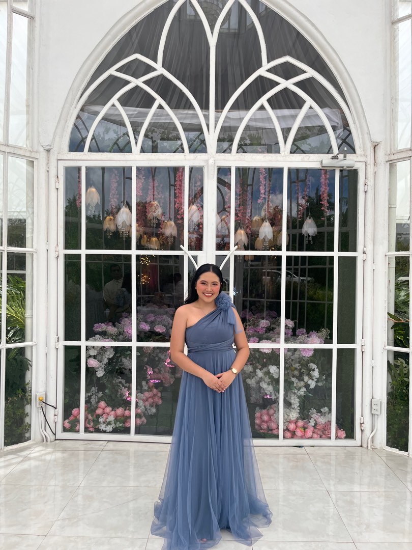 Dusty Blue Tulle Infinity Gown with Shoulder Bow, Women's Fashion ...