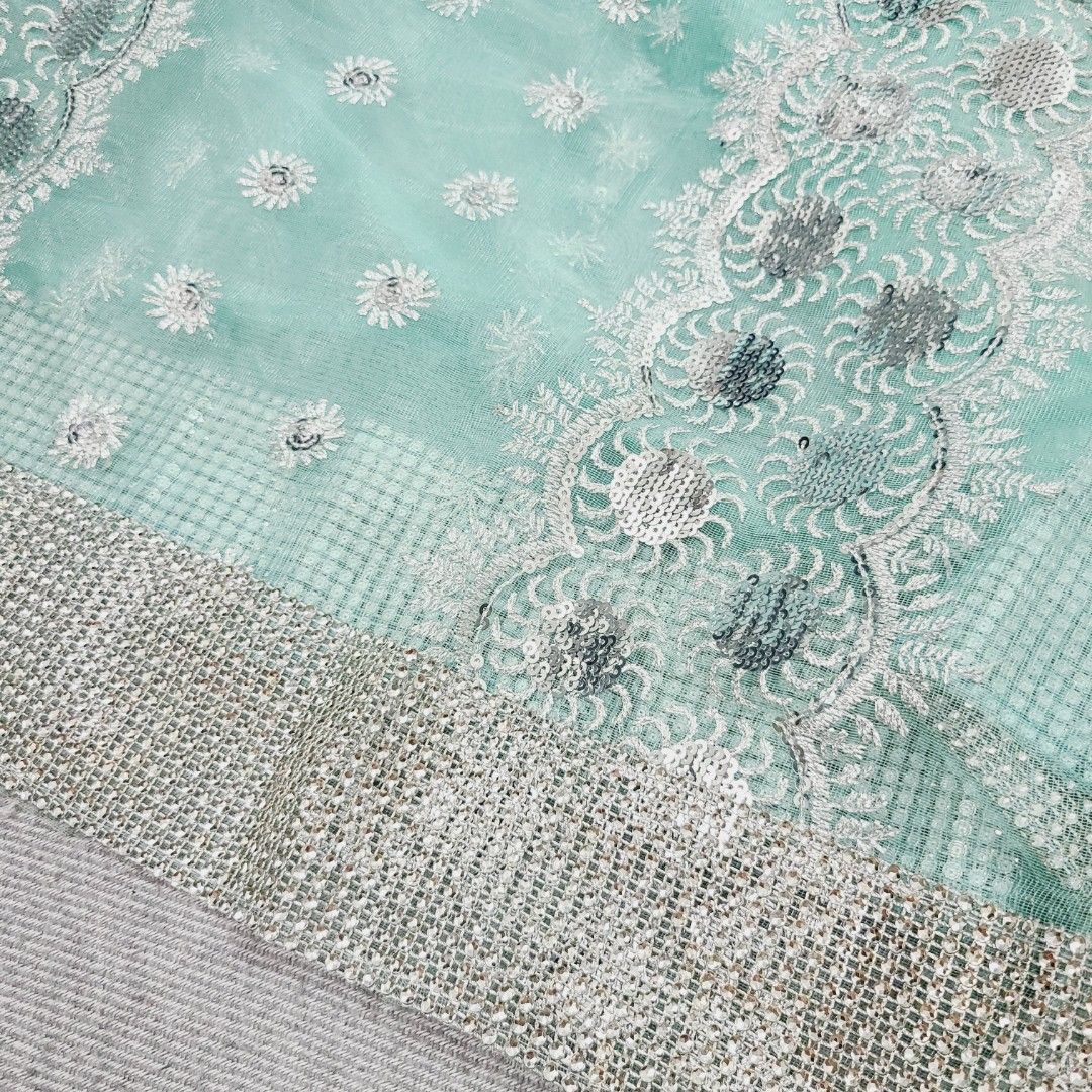 Turquoise [S] Bling Shimmer Shiny Dinner Saree With Top Sewn and Inner ...