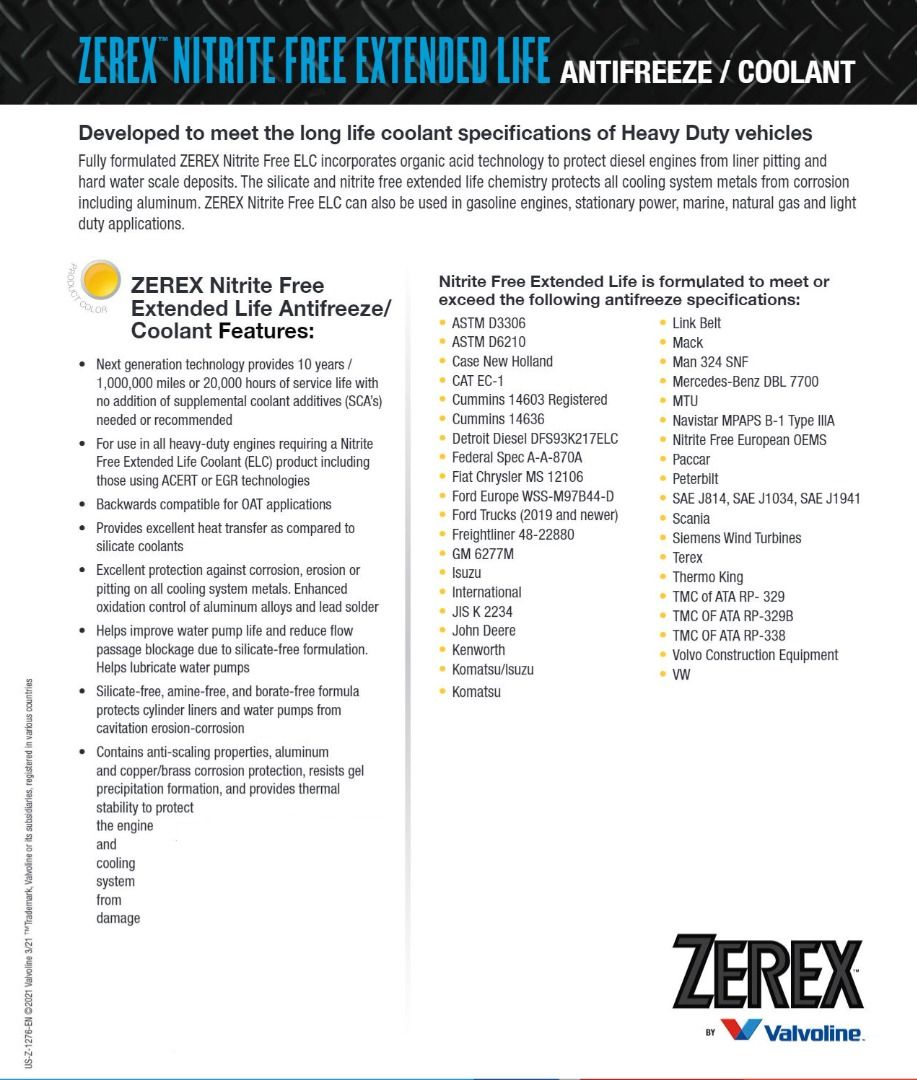 Valvolines Coolant ZEREX HD NITRITE FREE 50/50 4 Litre (889676), Car Accessories, Accessories on ...