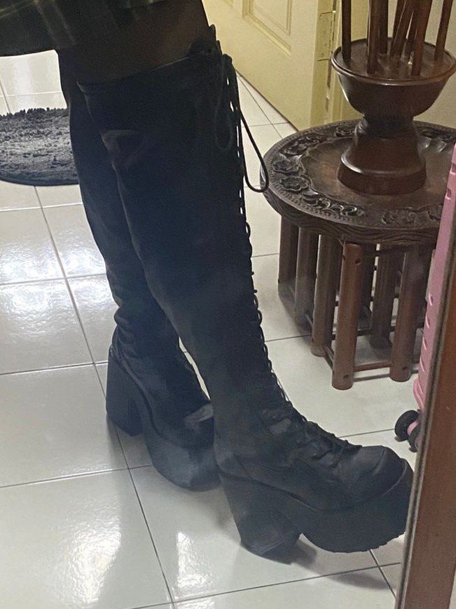 Demonia Camel 300 wide calf goth punk lace up thigh high boots, Women's ...