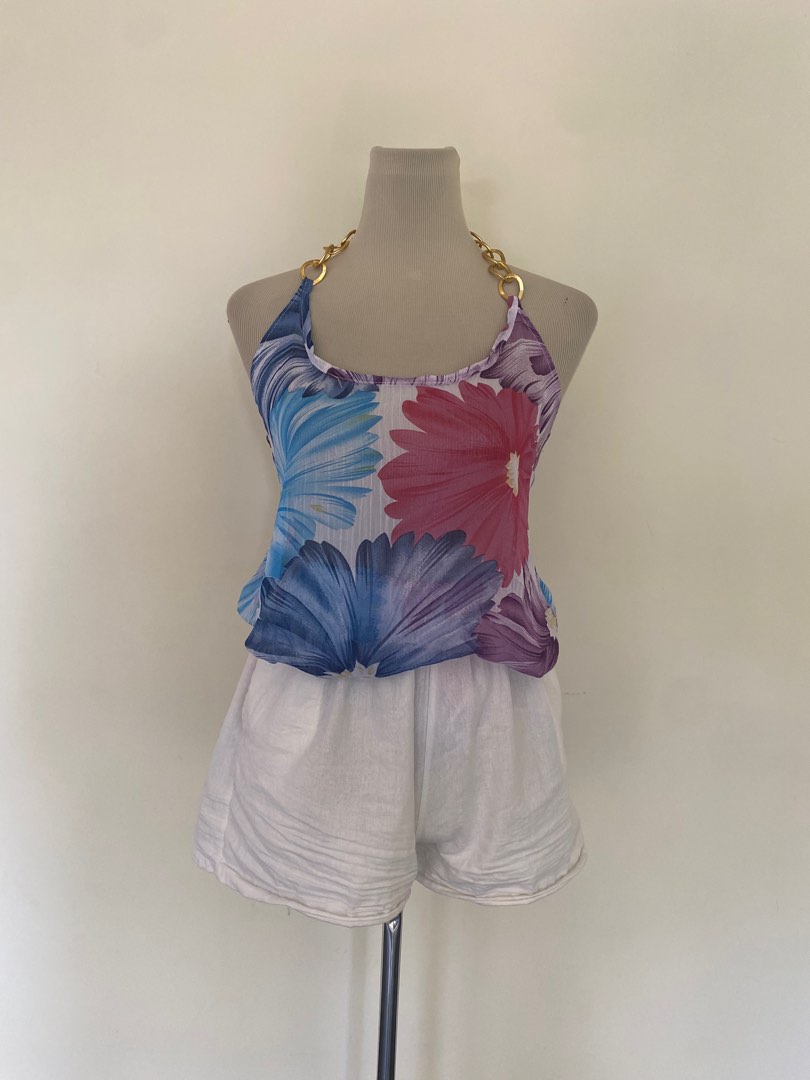 Y2k floral mesh gold chain strap halter top | mini dress, Women's ...