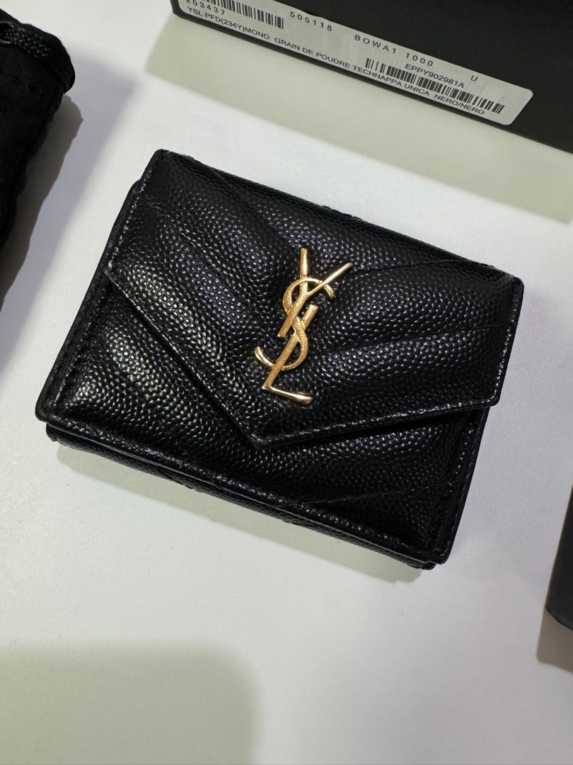 Authentic YSL trifold mini compact wallet in black grained leather ...