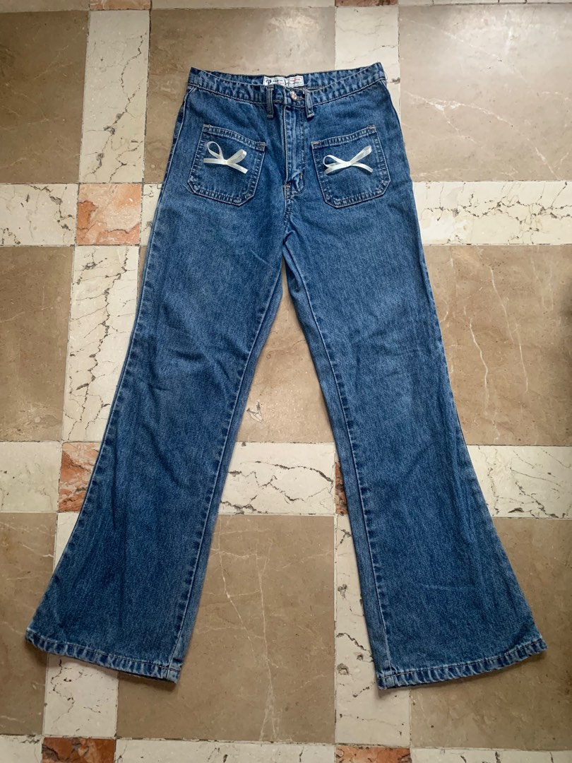 DENIM FLARED COQUETTE RIBBON JEANS, Women's Fashion, Bottoms, Jeans on ...