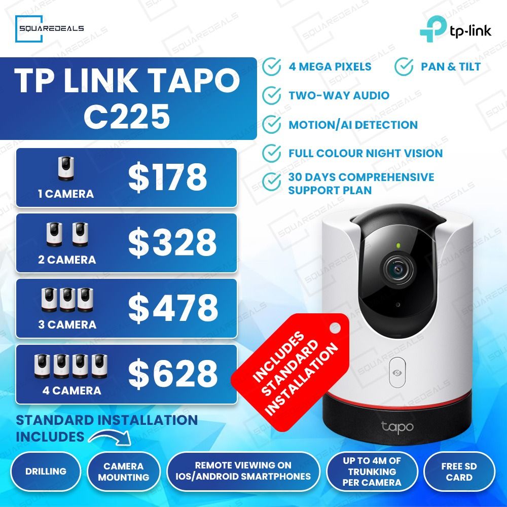 Installation Included | Free SD card | TP-Link TAPO TC70 TC71 TC72 C211 C225 C200 C200C C210 ...