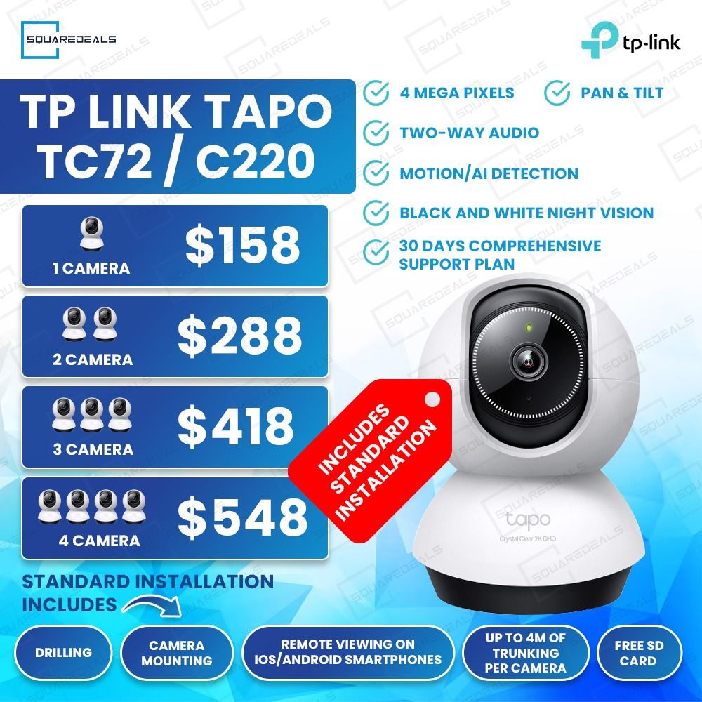 Installation Included | Free SD card | TP-Link TAPO TC70 TC71 TC72 C211 C225 C200 C200C C210 ...