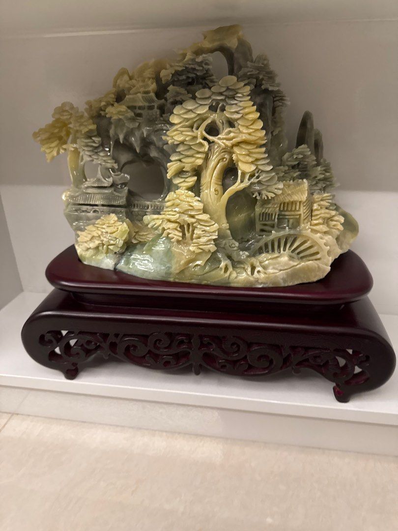 natural yellow grey jade stone carved mountain landscape art, Furniture ...