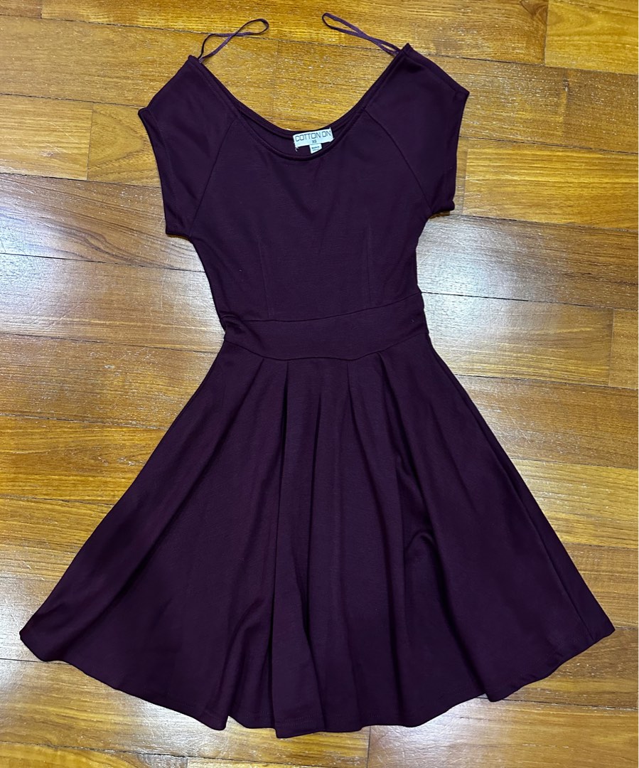 Cotton On maroon midi skater dress, stretchable (XS, maroon / burgundy ...