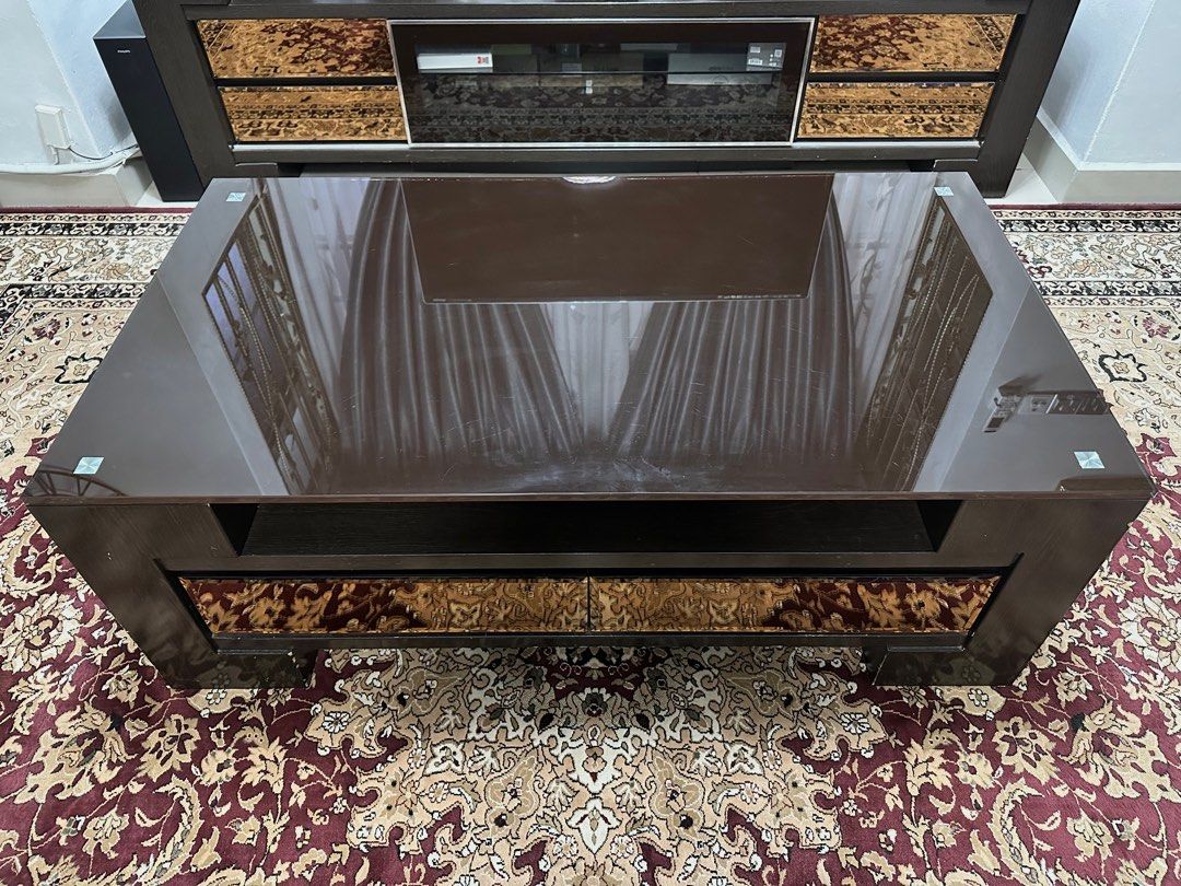 MEJA MAKAN KAYU BERLACI & KACA / COFFEE TABLE WOOD WITH DRAWERS ...