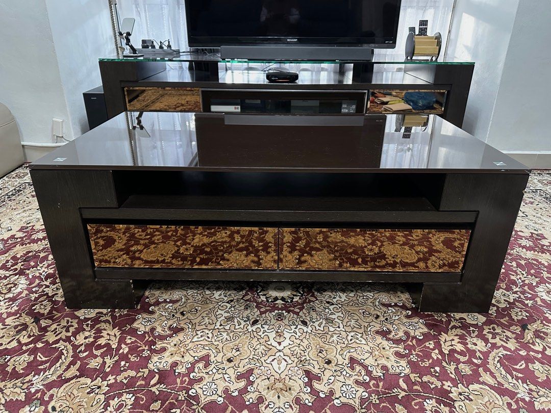 MEJA MAKAN KAYU BERLACI & KACA / COFFEE TABLE WOOD WITH DRAWERS | SECONDHAND/MURAH/MINIMALIST ...