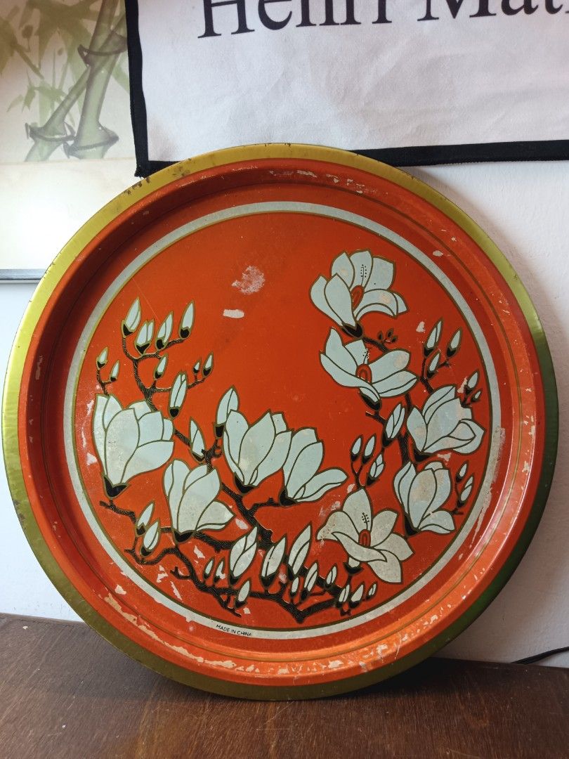 Vintage Red Gold White Floral Enamel Plate Talam Bunga Lama, Furniture ...