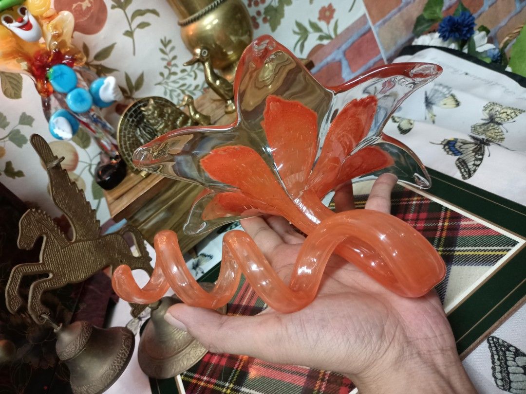 Murano Italy Style Hand Blown Art Glass Orange Flower Ringlet Stem ...