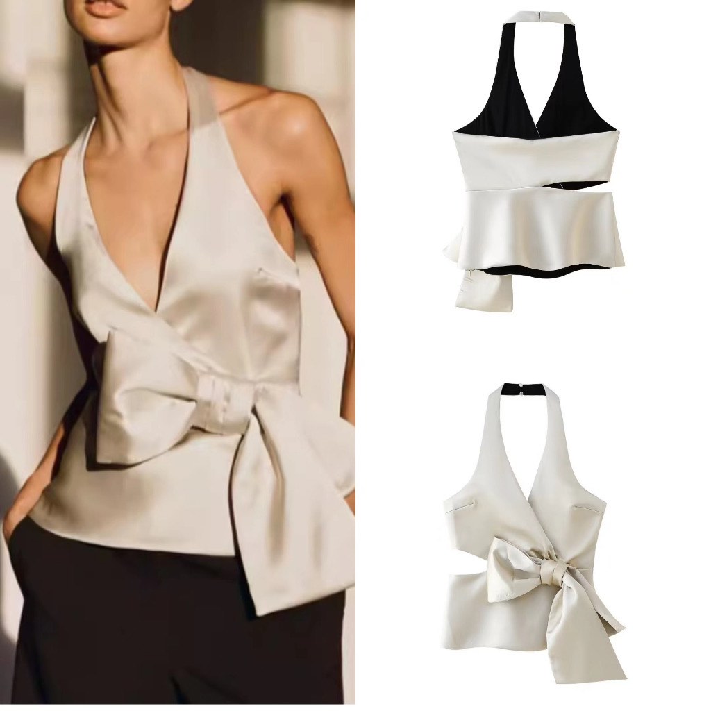 Satin Bow Halter Top, Women's Fashion, Tops, Sleeveless on Carousell