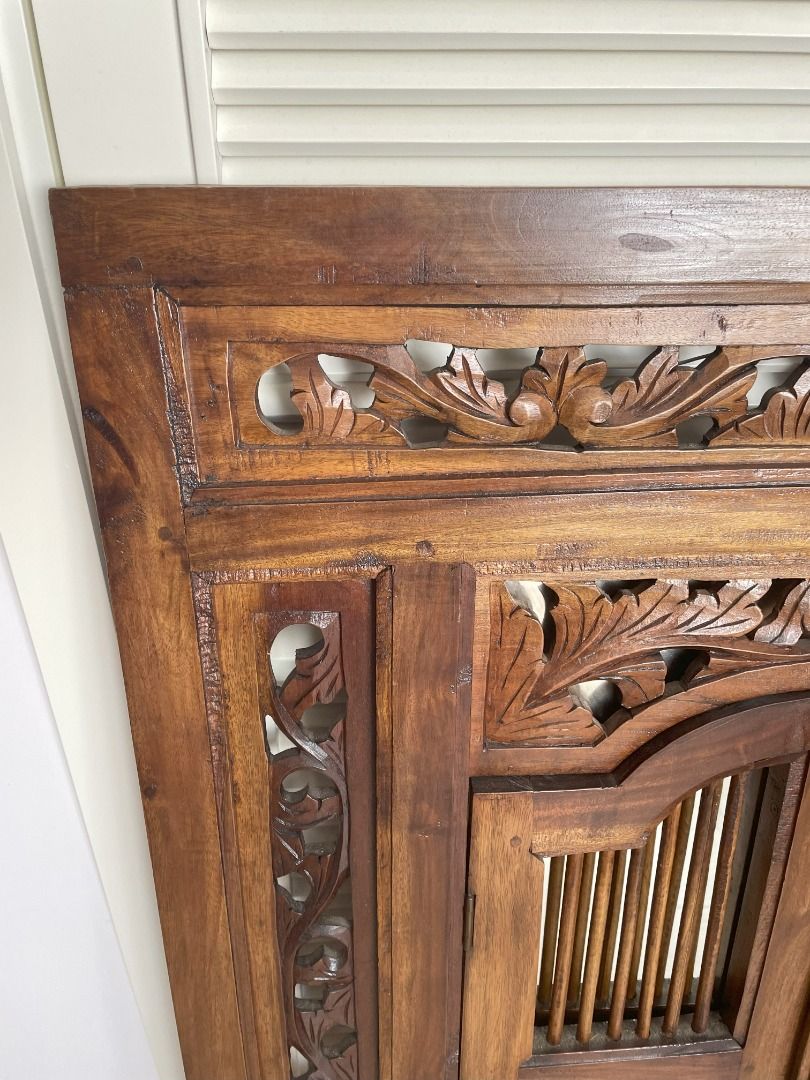 Vintage Balinese Carved Teak Wood Wall Mirror Window Shutter Panel ...