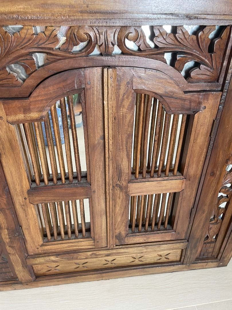 Vintage Balinese Carved Teak Wood Wall Mirror Window Shutter Panel ...
