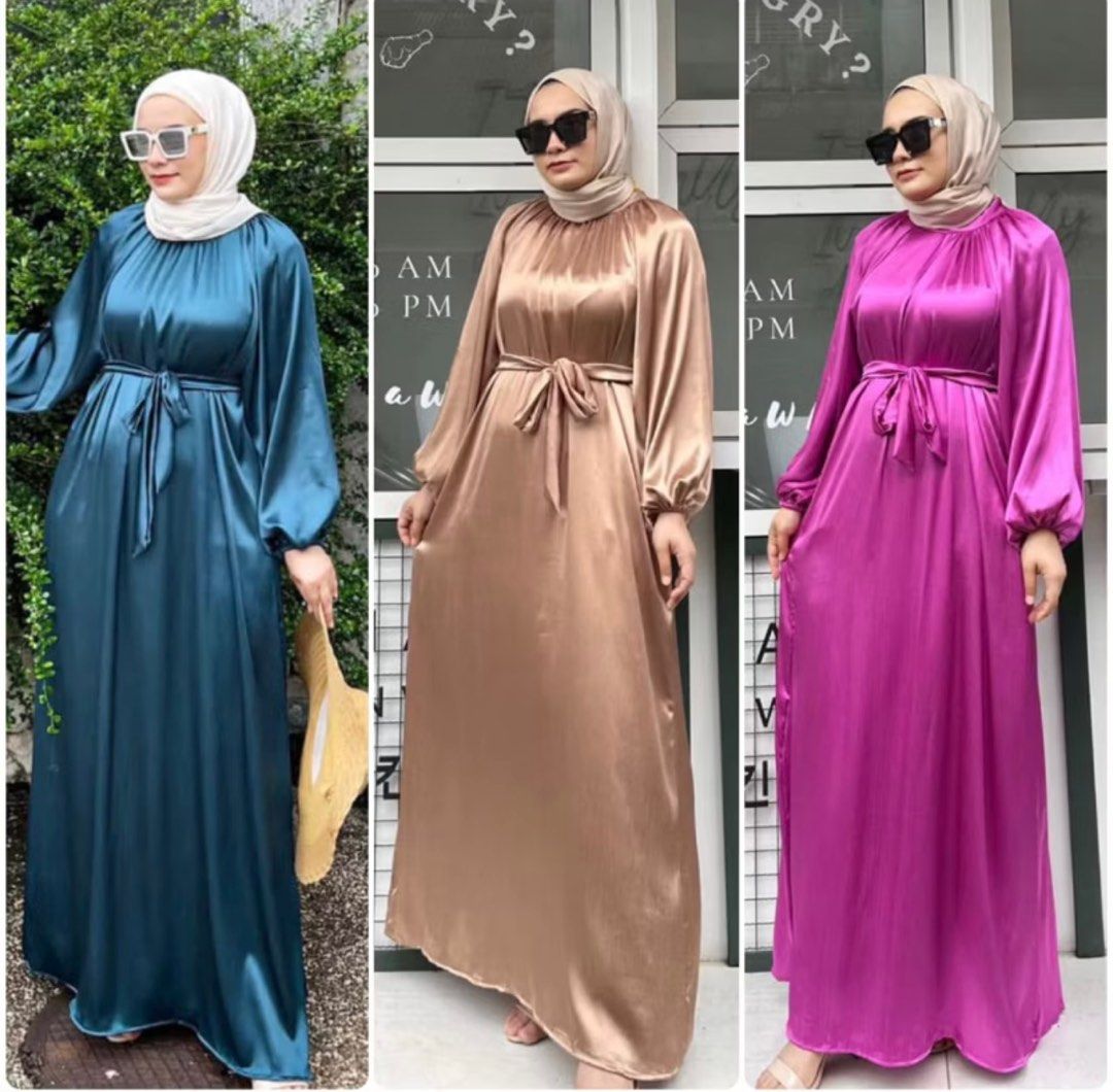 ABAYA SATIN NAVY BLUE, Women's Fashion, Muslimah Fashion, Kaftans ...